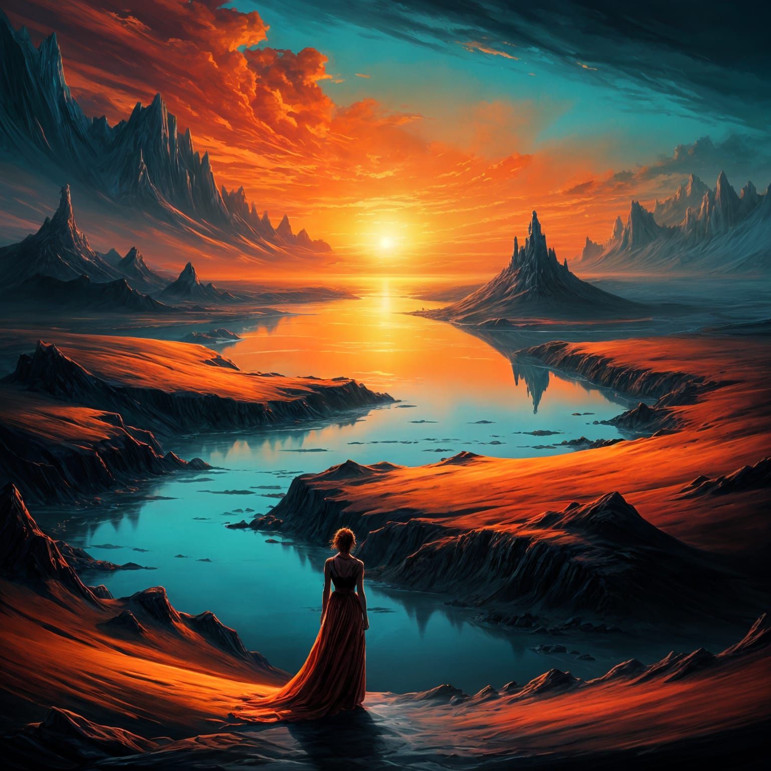 A woman stands alone in a desolate, endless void.