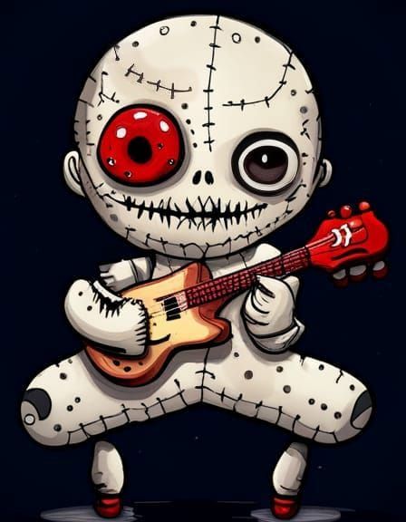 cartoon voodoo doll with a red guitar in his hand, concept art inspired ...