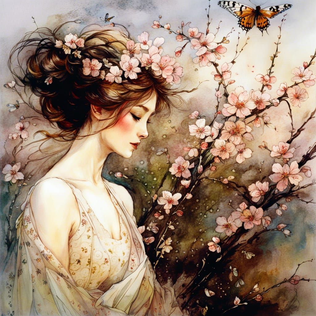 Cherry Blossoms in the morning light in a Japanese garden, bees, birds ...