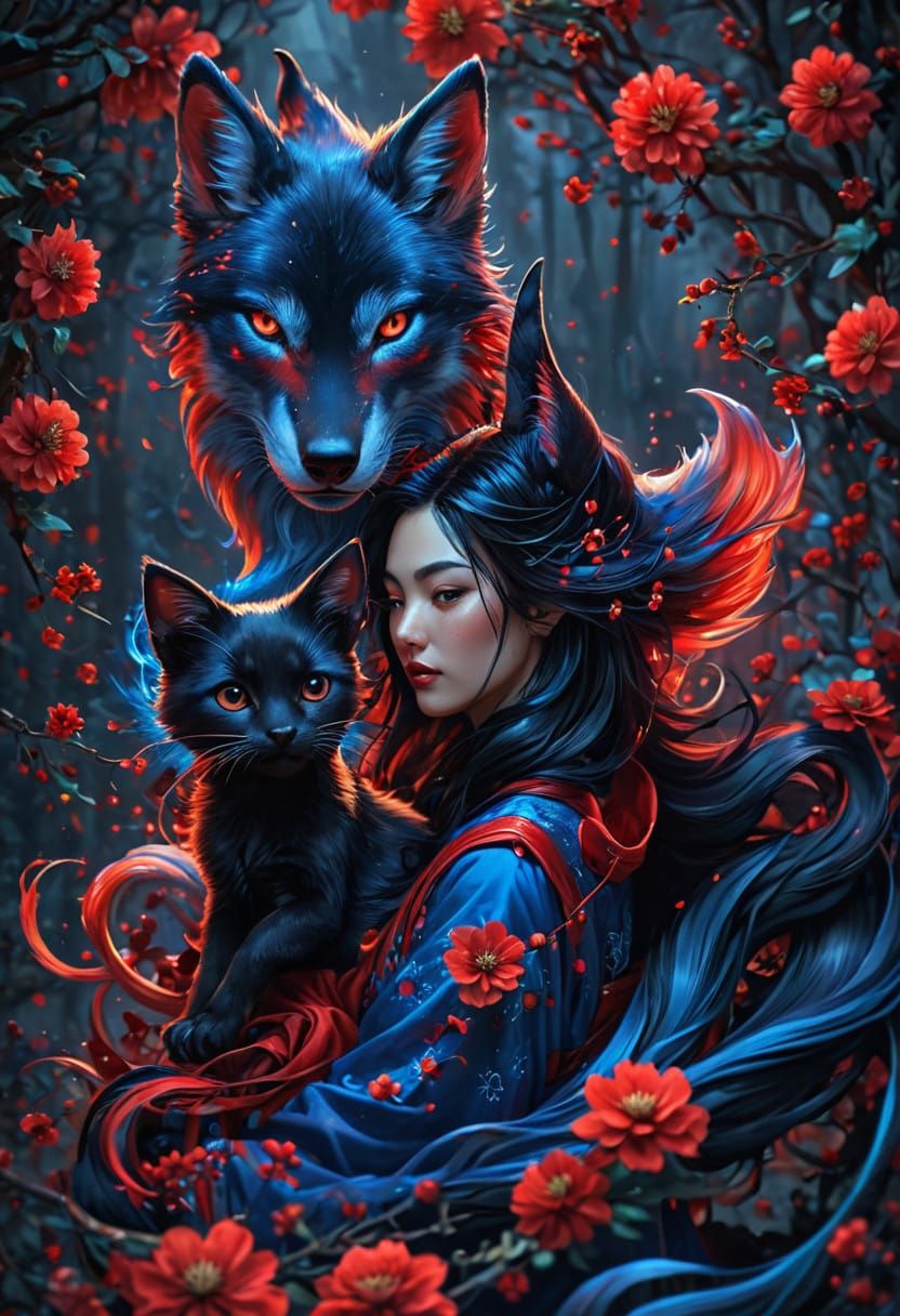 Foxy Kitsune LAdy - Foxy Kitsune Goddess with Ruby Blossoms