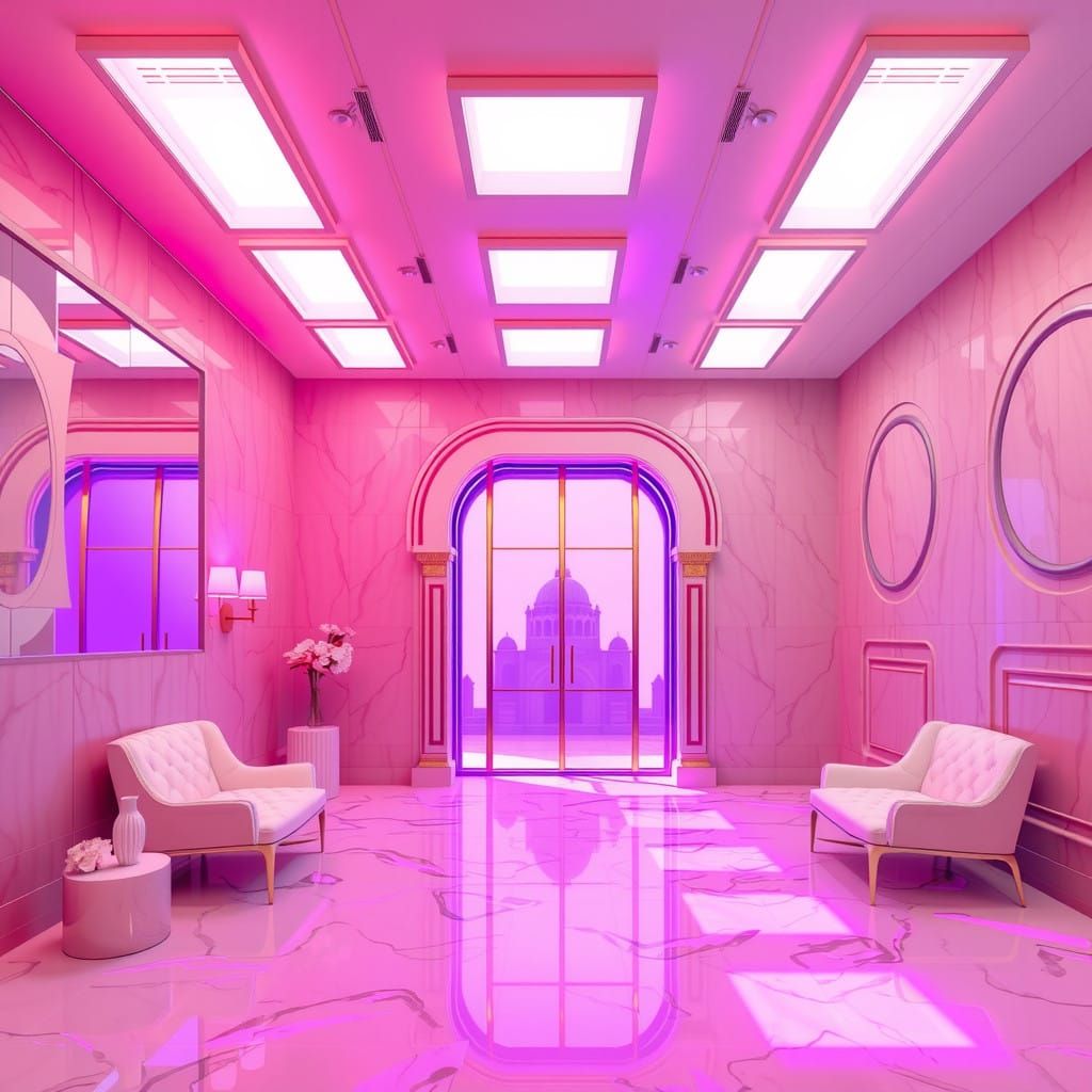 modern luxuous backroom, with square fluorescent lamps with pink pastel ...