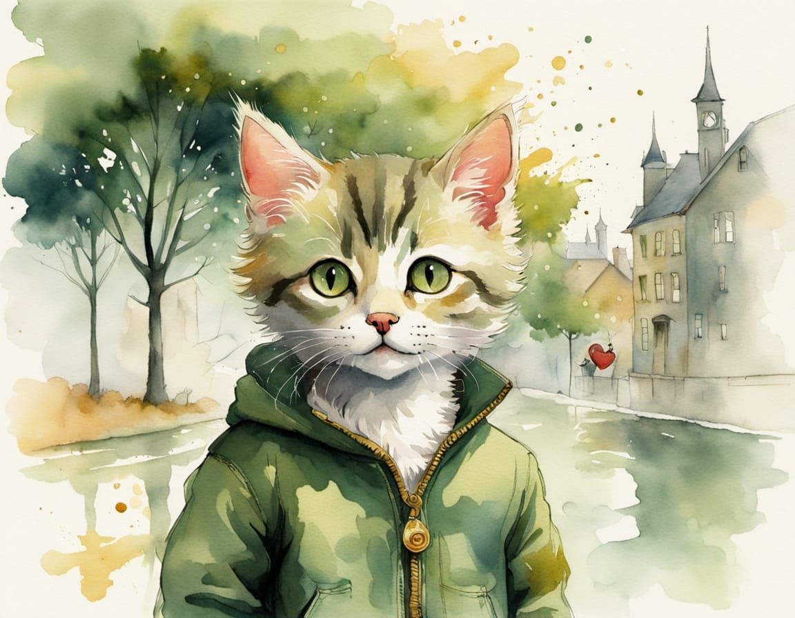 Playful Watercolor Portrait of a Disgruntled Kitte... - AI Art