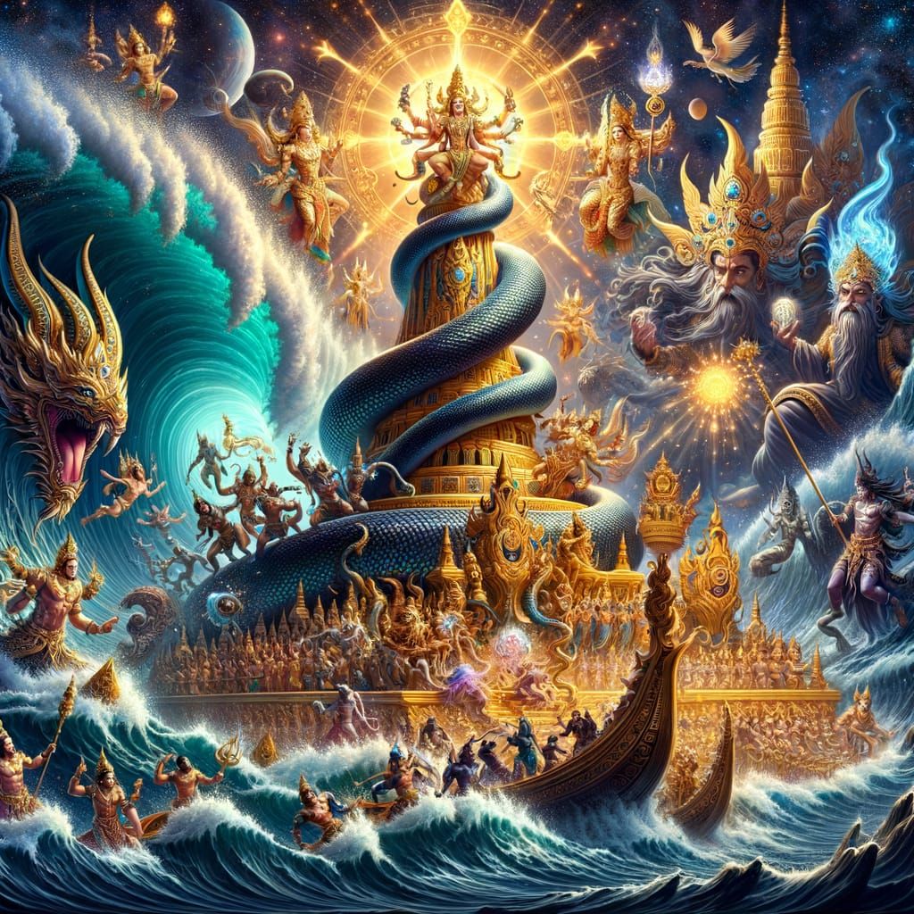 Cosmic Churning of the Ocean: Gods and Demons Stru... - AI Art