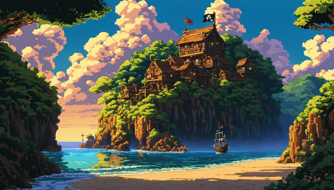 Pixel Cove - Pirate Cove in Vibrant 8bit Pixel Art