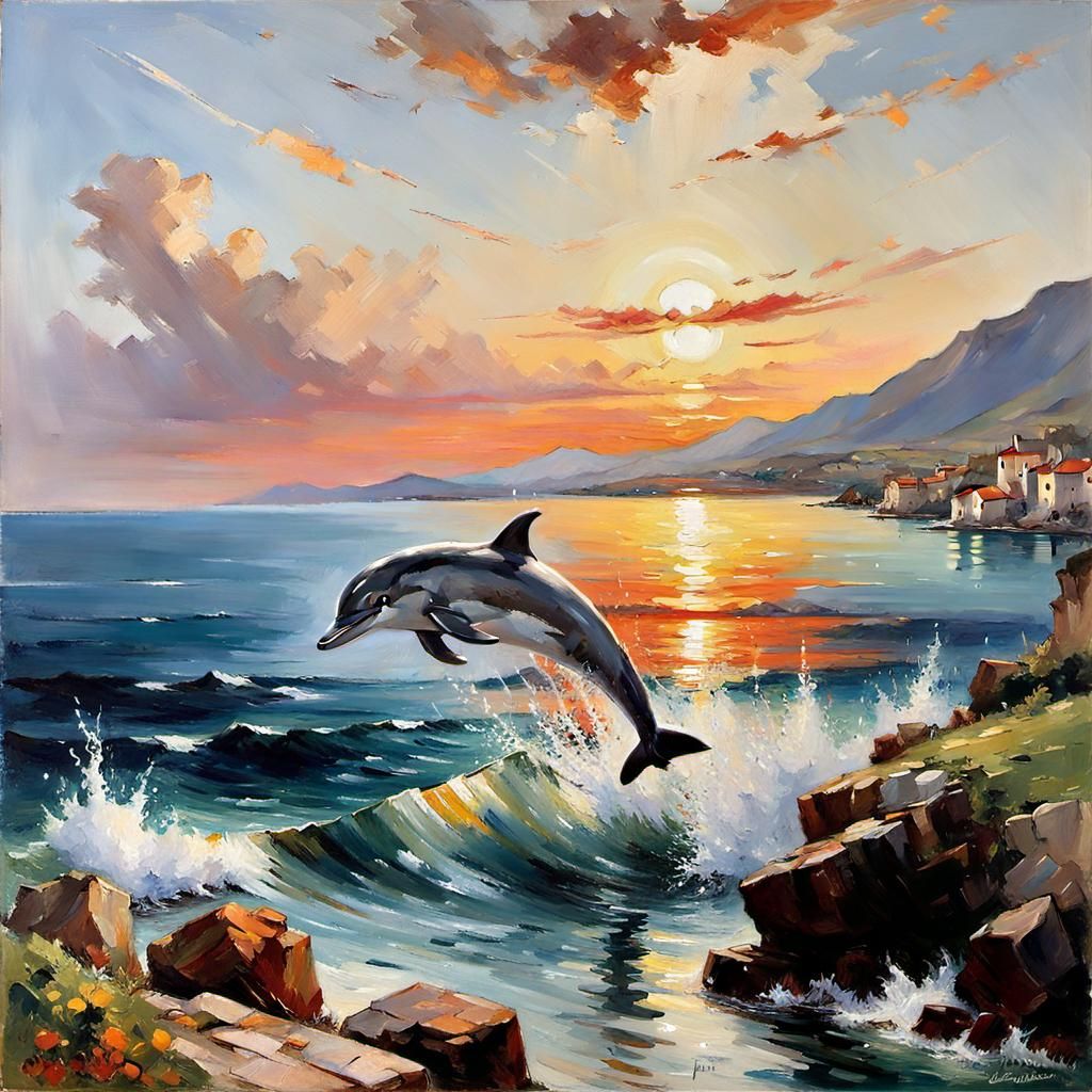 Oil painting of dolphin jumping above the water near Albanian coastline ...