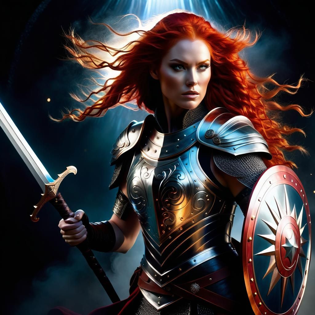 Portrait of a fierce red-haired female warrior holding a (shield and sword:2) :: hyperdetailed ...