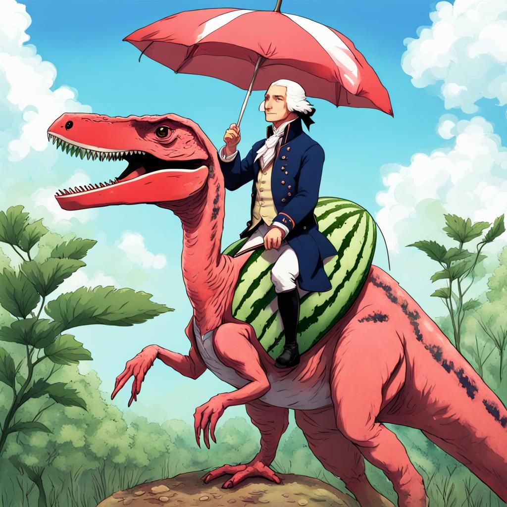 George washington riding a velociraptor eating a watermelon - AI ...