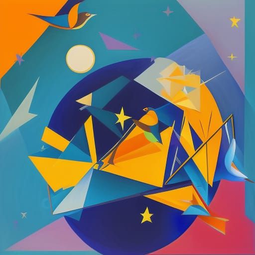 Cubist moon - Celestial Cubist Masterpiece: Angular Star Bi...