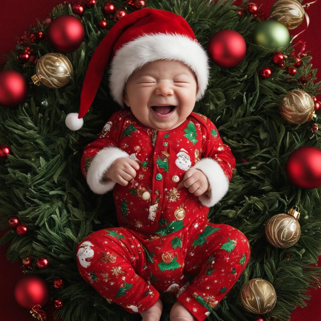 A tiny small wee one newly born laughing very hard wearing Santa cap ...