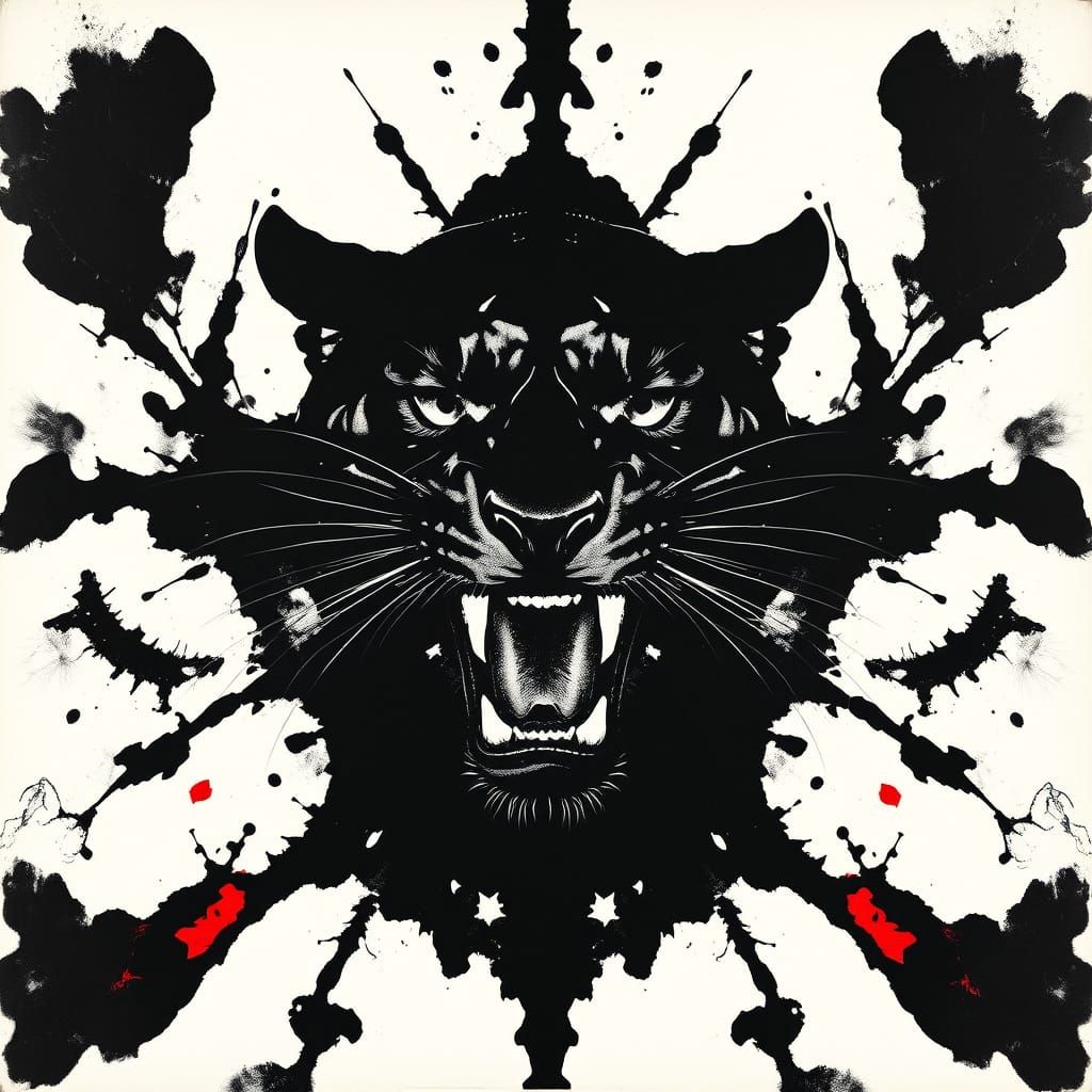 Intricate Rorschach-style inkblot formed with dense black ink on satin ...