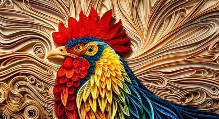 Beautiful multicolored rooster, sunrise, multi dimensional paper ...