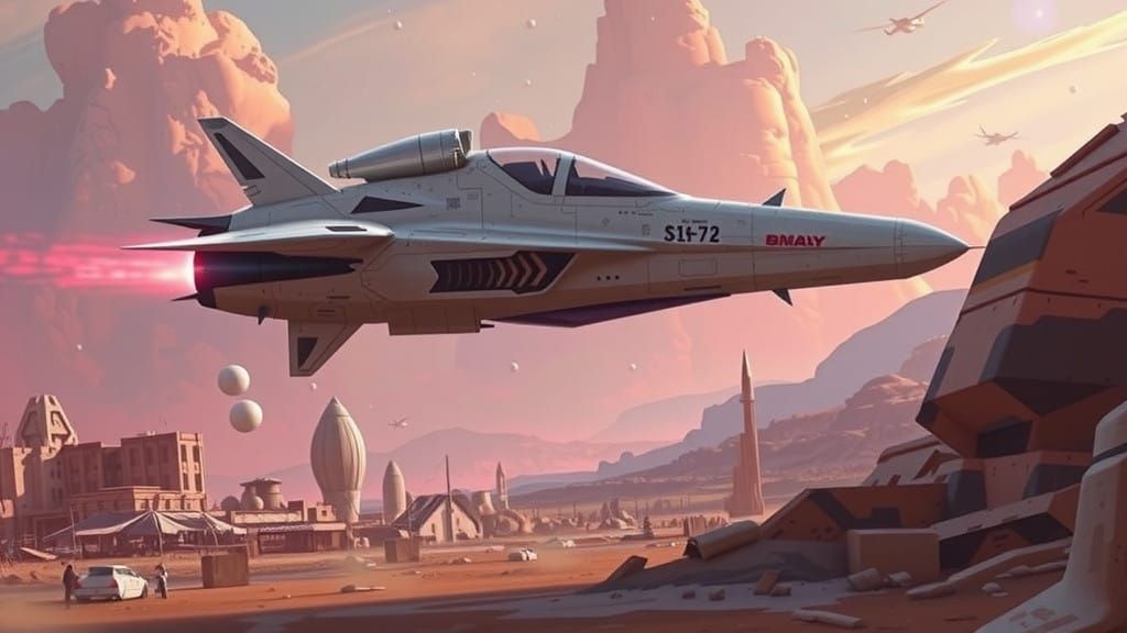 Futuristic sleek white starfighter with silver trim flying at high ...