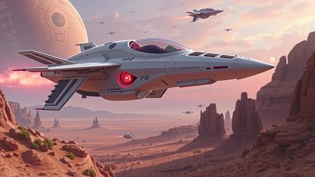 Futuristic sleek white starfighter with silver trim flying at high ...