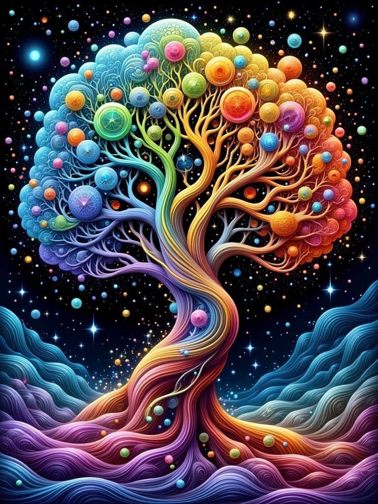 a vibrant, psychedelic digital painting of a stylized tree of life ...