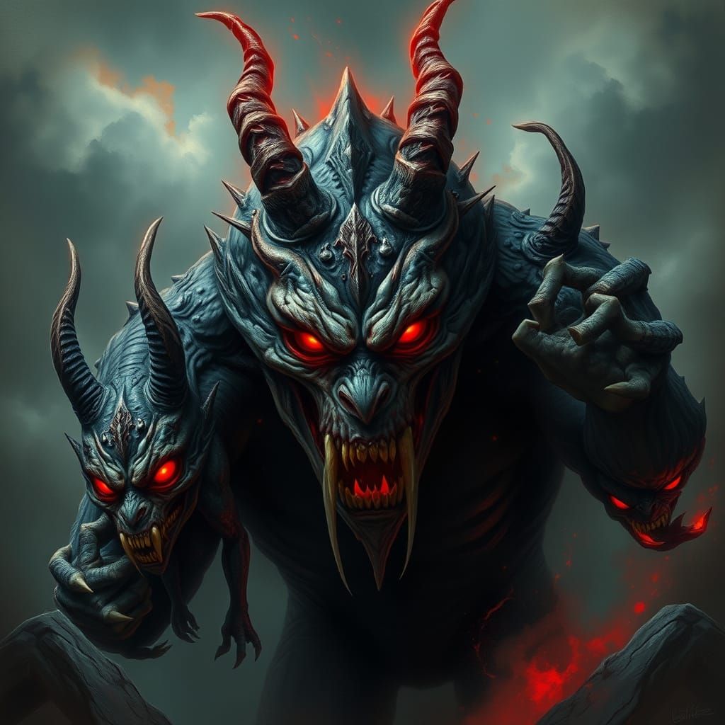 Monstre Terrifiant with Demon Companion in Dark, S... - AI Art