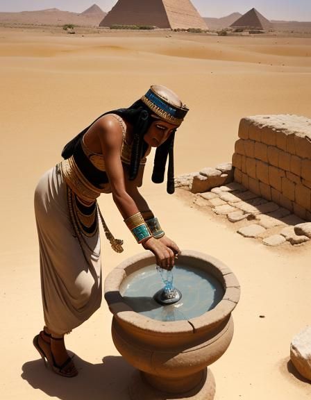 Antique Egyptian getting water from rustic stones water well at the ...