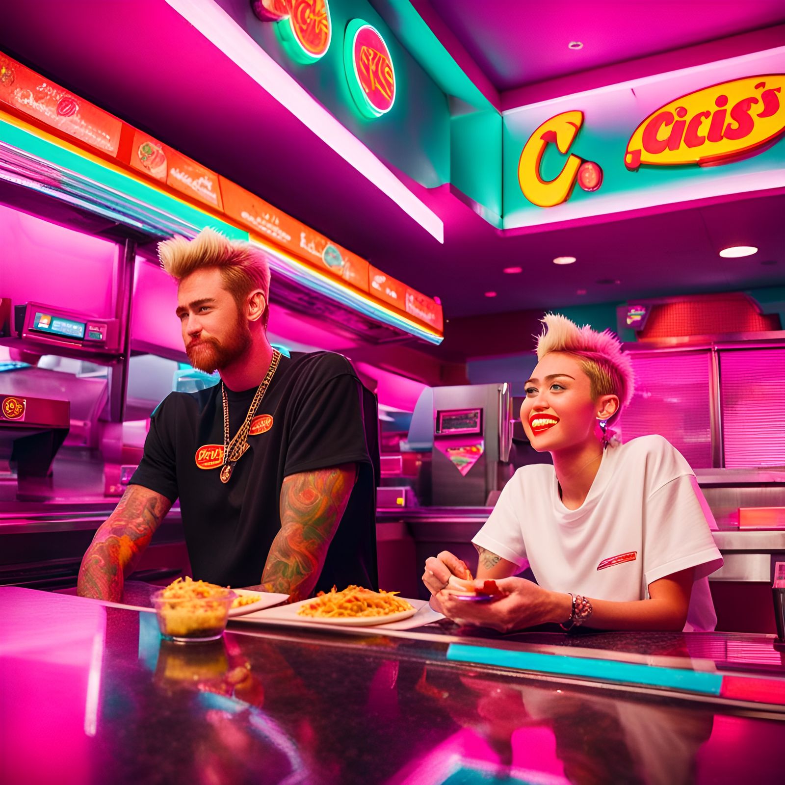Miley Cyrus at a synthwave Cicis - AI Generated Artwork - NightCafe Creator