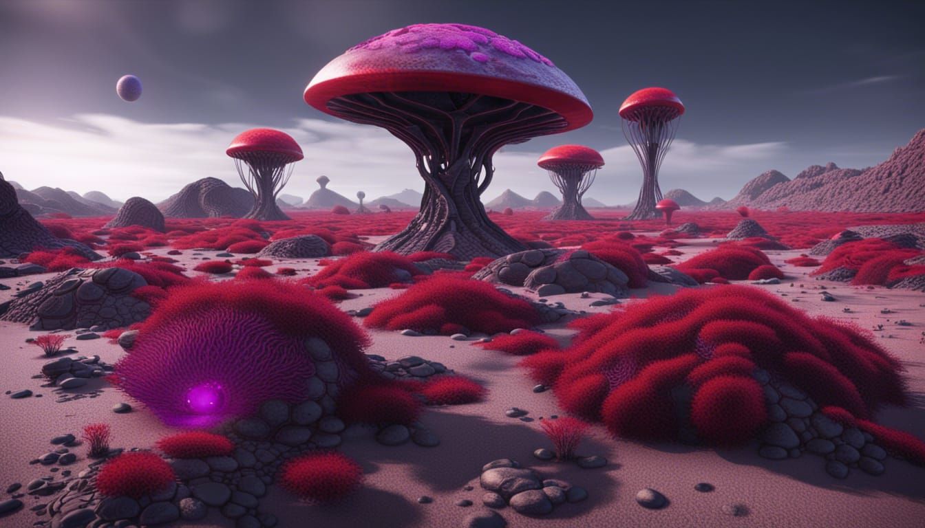 Alien Lands, an alien (gray) desert with strange spindly purple moss ...