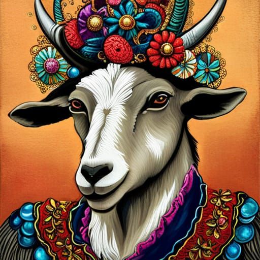 Goat with hat - Ethereal Goat in Opulent Headpiece