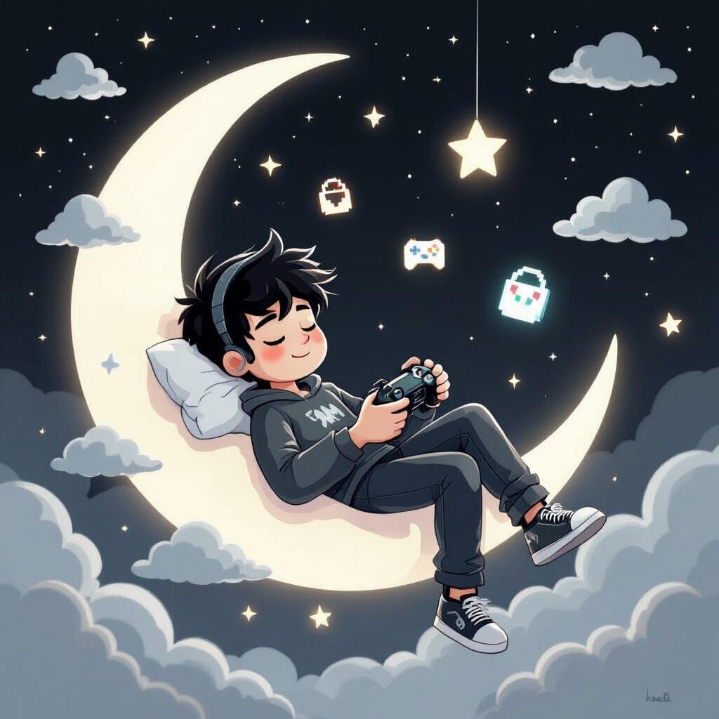 DreamWorks-Style Dreamcore Gamer on Crescent Moon - AI Art