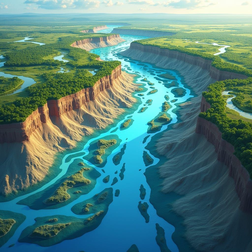 River Hydrogeomorphology Graphic in Vibrant Blues ... - AI Art
