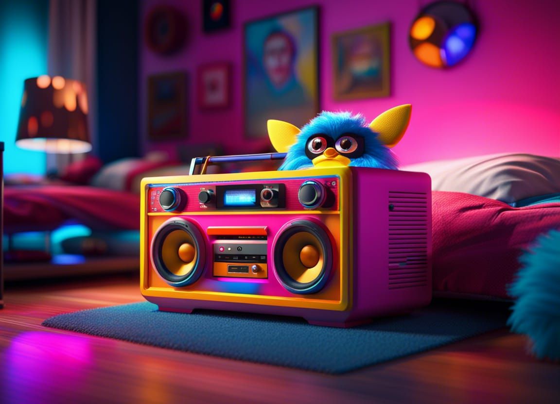 Boom Box and a "furby" on a bed. 80's decor, colorful 3D Game Cinematic Feel, Epic 3D Videogame ...