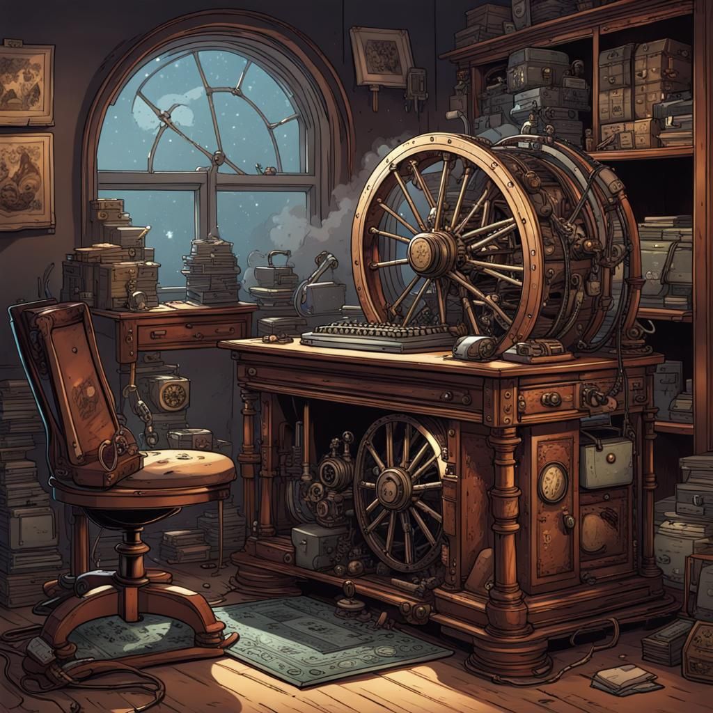 steam powered Victorian era gaming pc on a desk with a hamster wheel ...