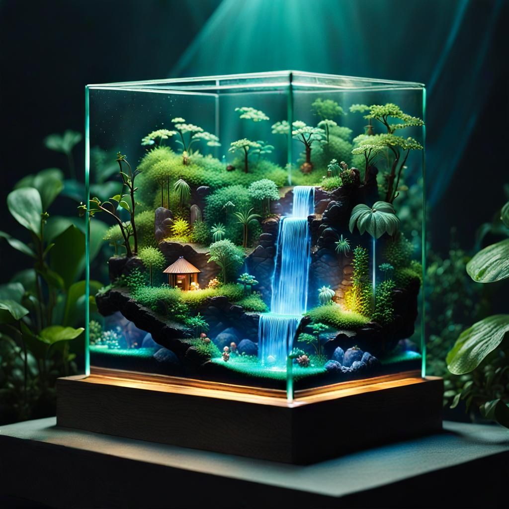 Rectangular glass terrarium with waterfall - AI Generated Artwork ...