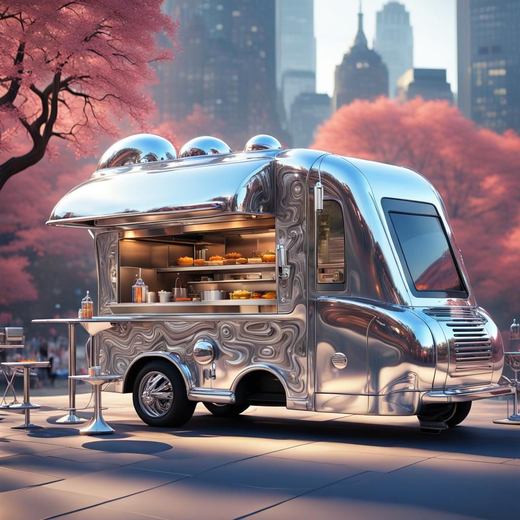 a sci-fi vivid cartoon of a futuristic food truck made out of very ...