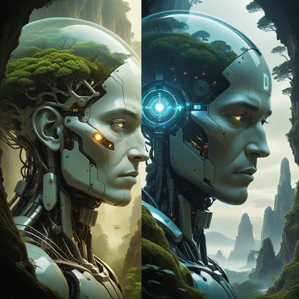 A split portrait of a god-like being, where one side shows [a human ...