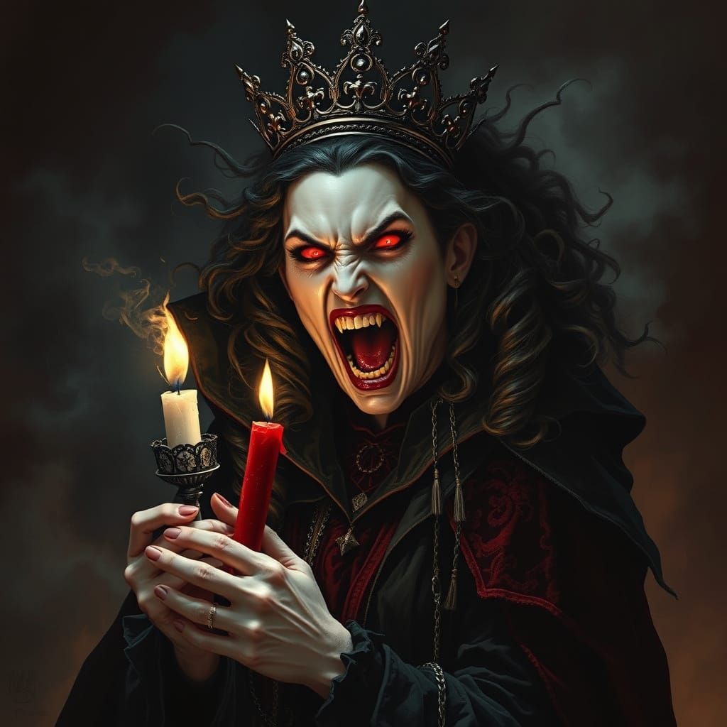 Dark Vampire Queen Screams in Rage with Flickering... - AI Art