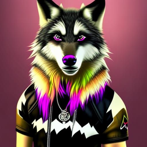 humanised Wolf as a (punk rock band member:1.3), medium shot portrait ...