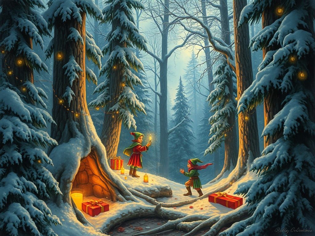 Winter Whimsy: Christmas Elves in Snowy Evergreen ... - AI Art