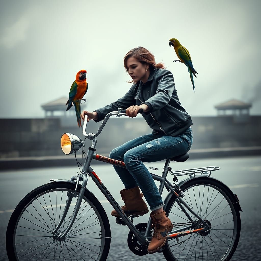Parrots and a bike! - Woman Rides Sleek Bicycle with Parrot ...