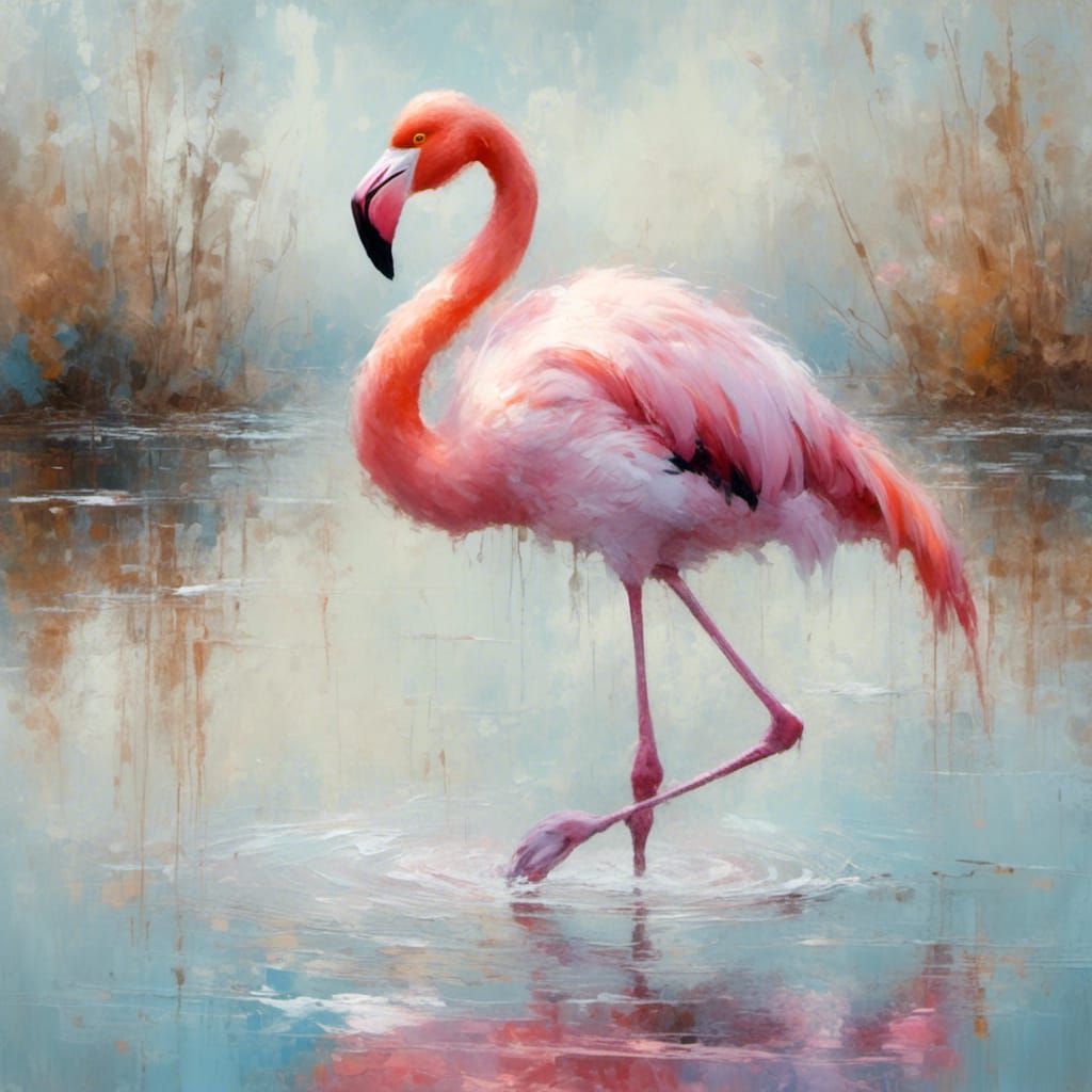 An impressionistic painting of a flamingo standing gracefully in ...