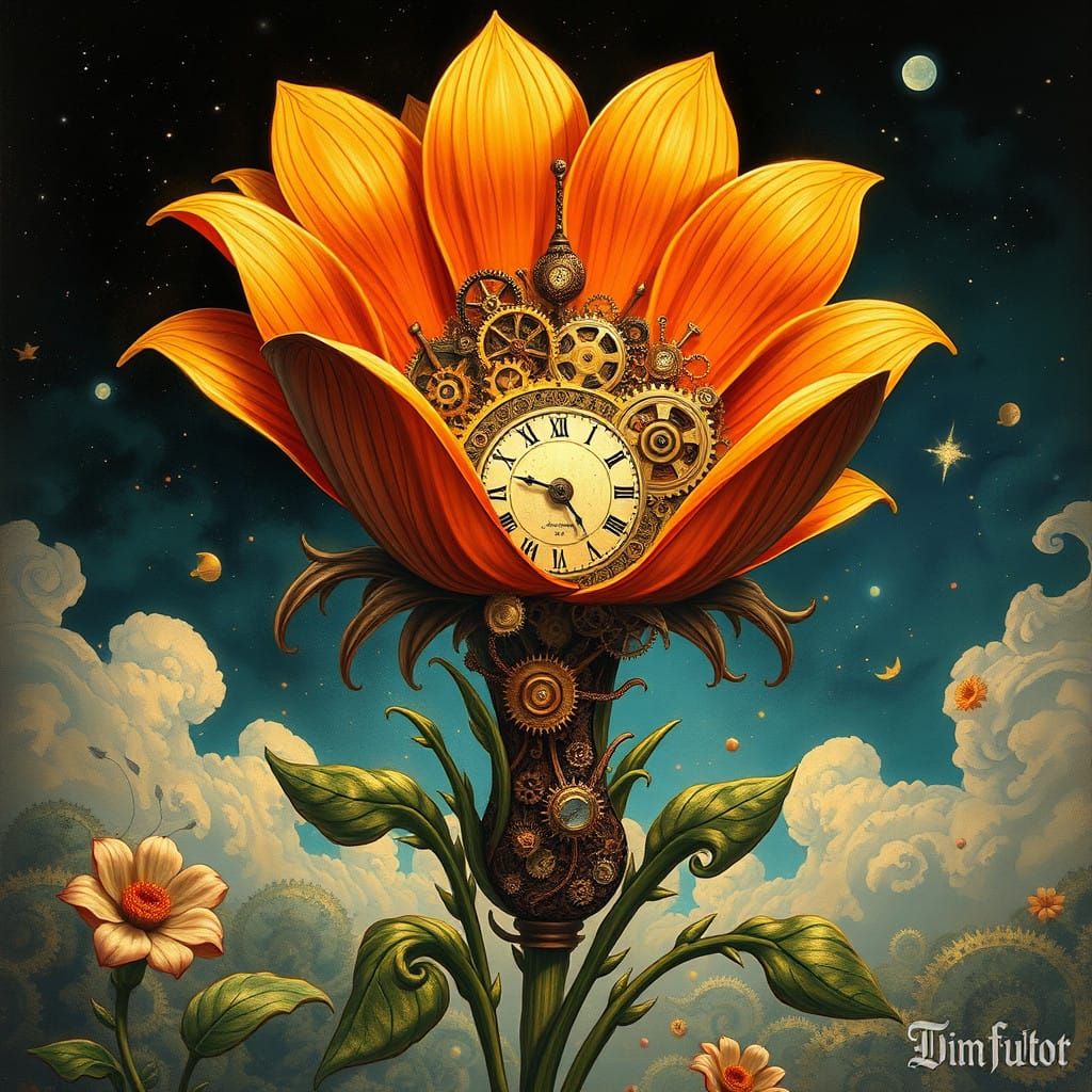 A clockwork flower unfurling its gears and petals Tim Burton Dan ...