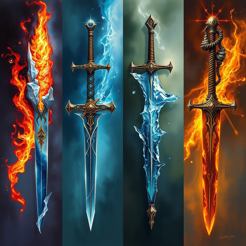 Elemental swords. Four swords, fire, ice, water & stone