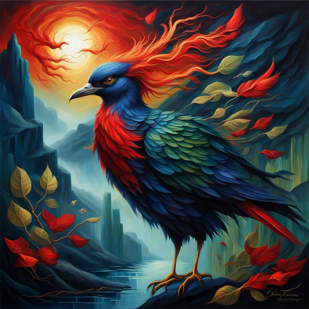 Ethereal Avian Form in a Rich, Dark Fantasy Landscape.