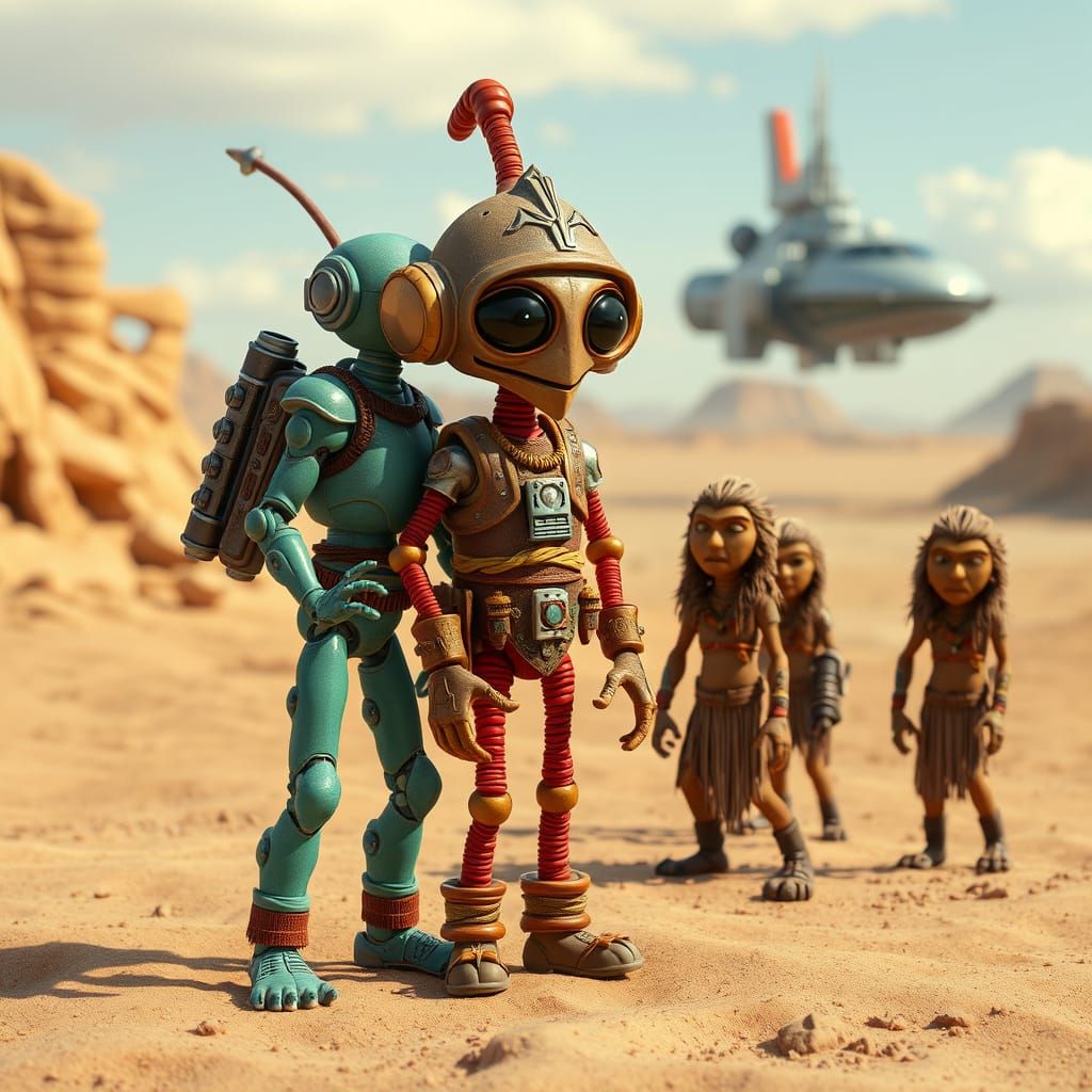 Claymation Alien Explorer Meets Cavemen - AI Art