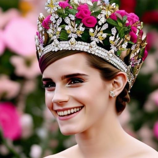 Emma Watson in the colourfull flowers crown with adorable hyperdetailed ...