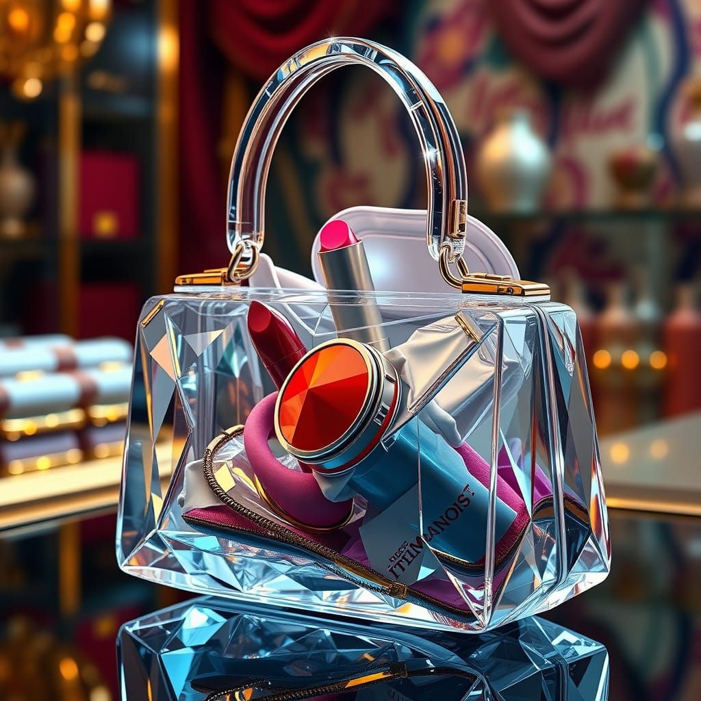 Luxurious Crystal Handbag with Vibrant Cosmetics - AI Art