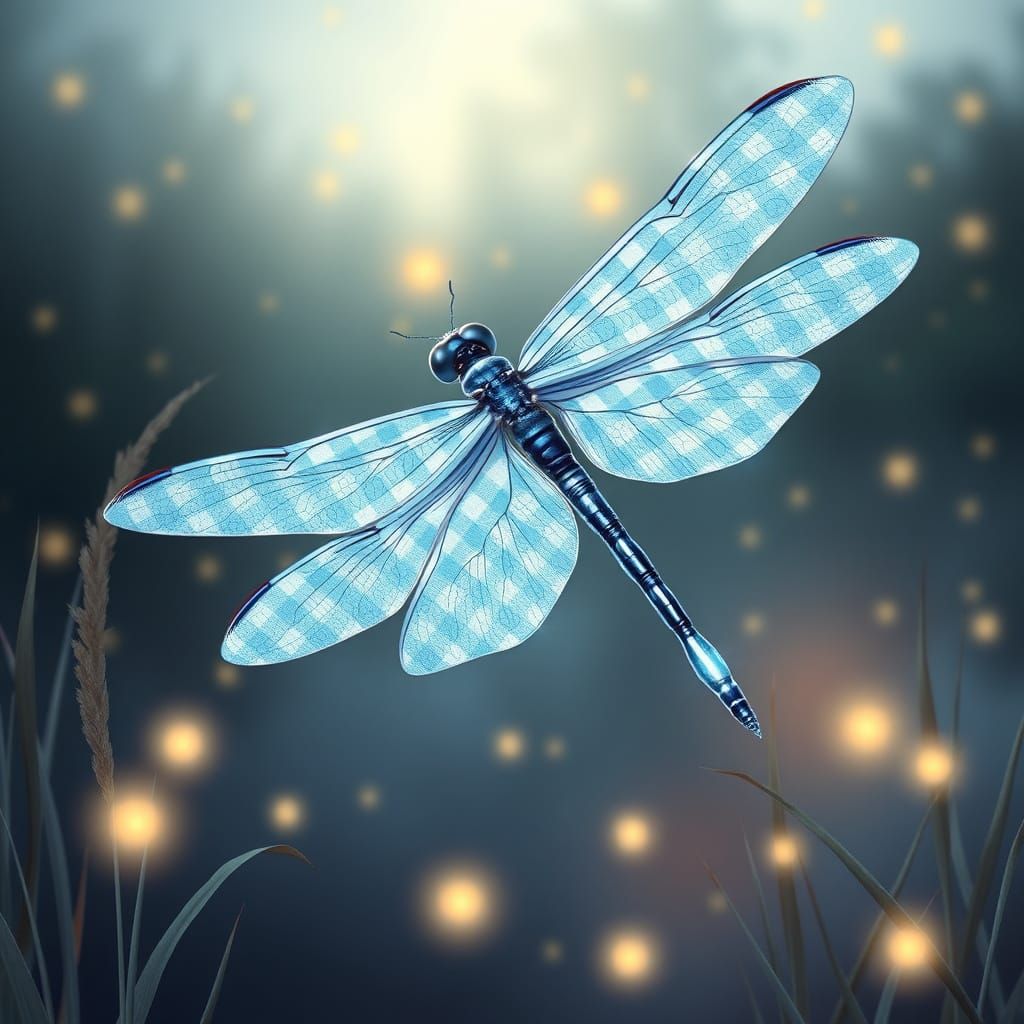 Ethereal Dragonfly in Gingham Wings Soars Over Serene Pond