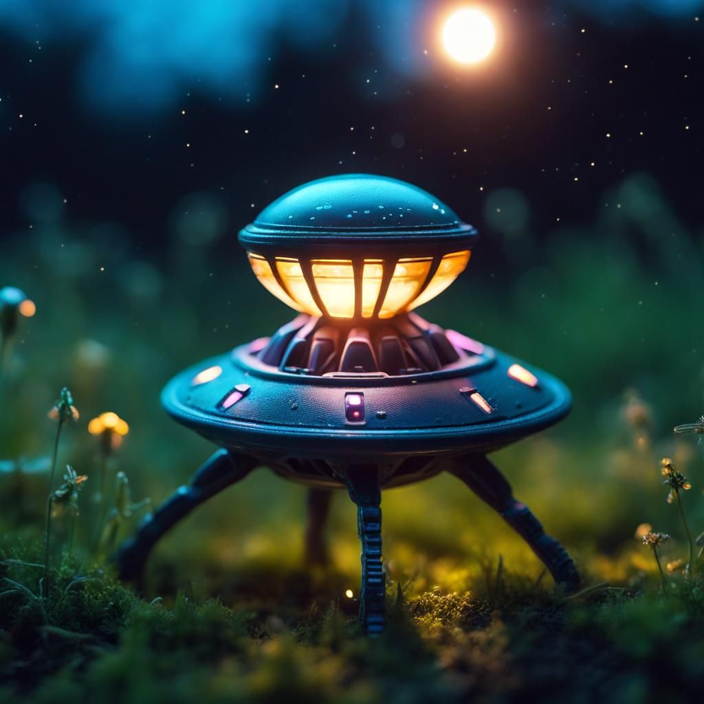 Photograph, Macro, miniature glowing alien spaceship with alien in it ...