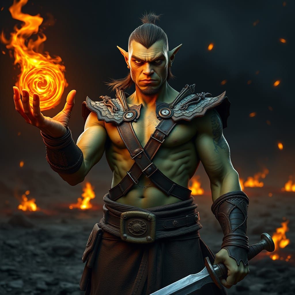 Confident Young Orc Wields Magic and Sword with Pr... - AI Art