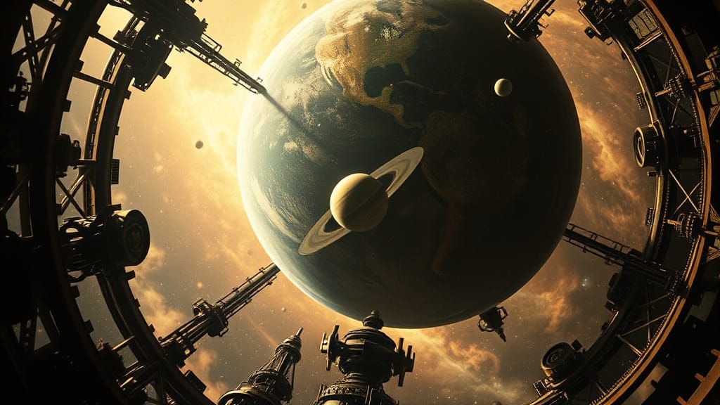 Space, giant cogs, gears, and machines that support the planets around ...