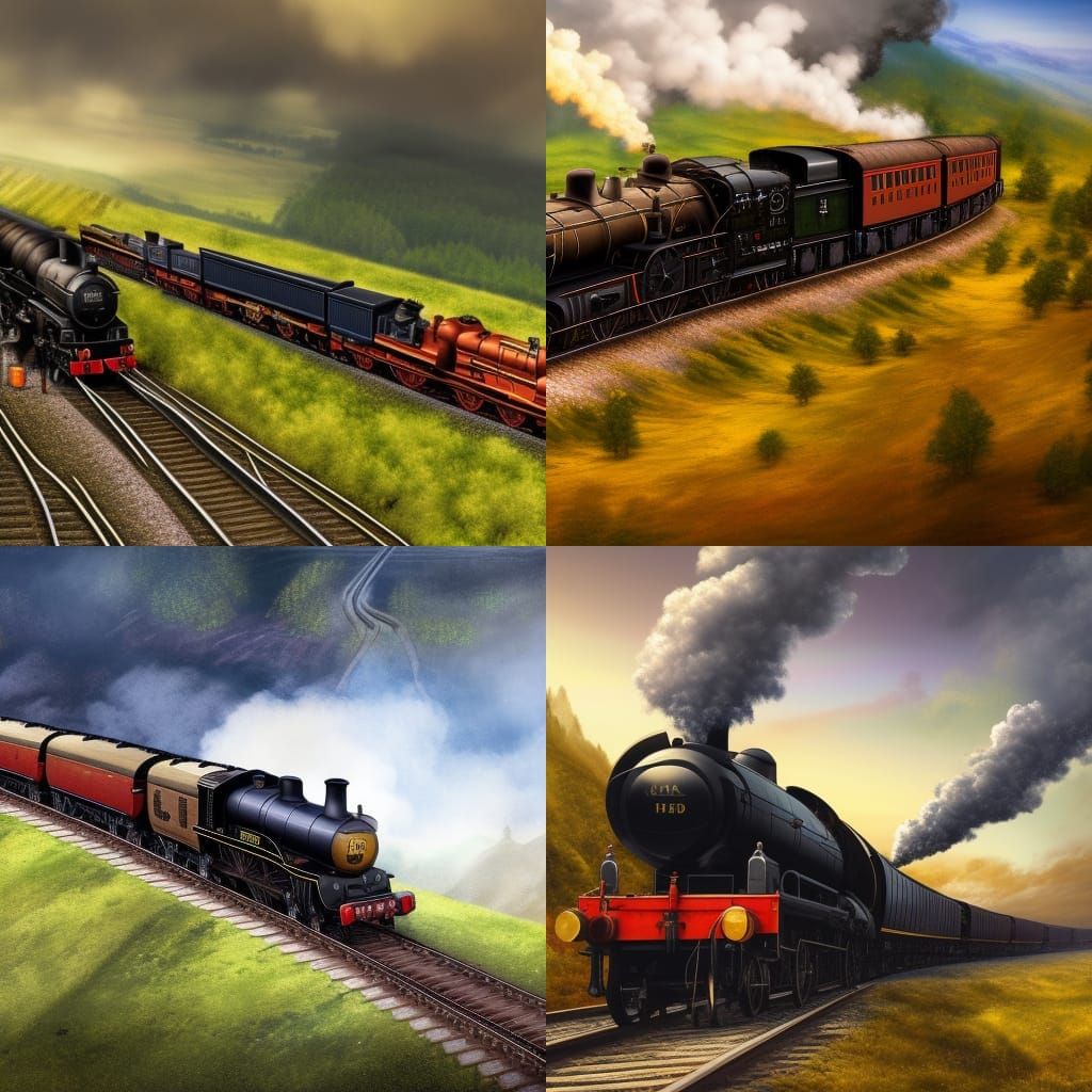 British steam locomotive taking a long freight train up an incline with ...