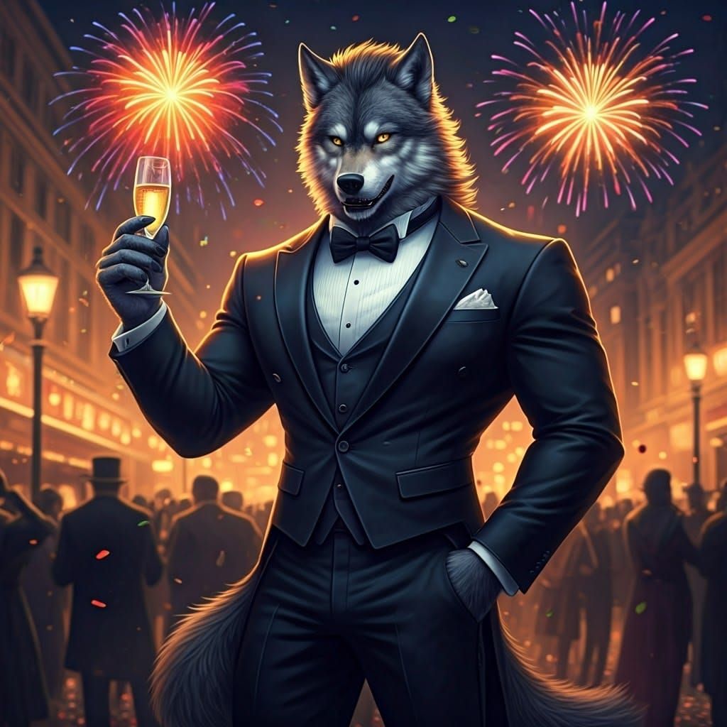 Happy New Year - Werewolf in Tuxedo Toasts to New Year Amids...
