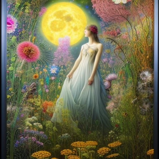 woman in flowing dress walking among flowers in mycelium network ...