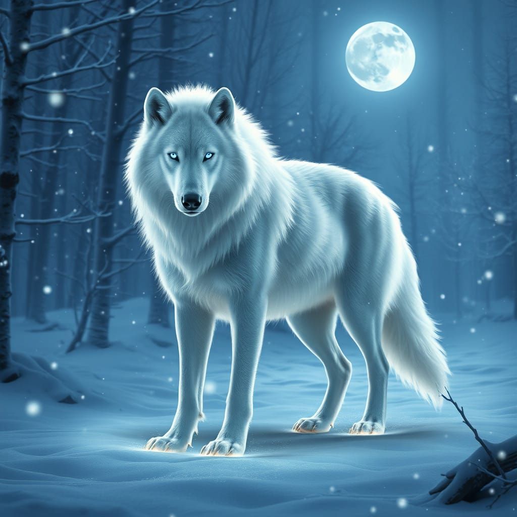 Majestic White Wolf in Serene Snowy Forest, Radian... - AI Art