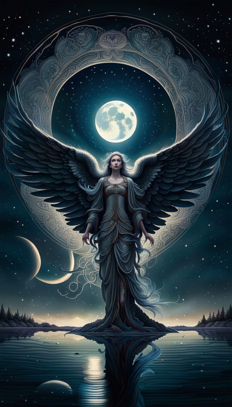 Cinematic wideshot Foreboding angel rising out of a lake, giant ...